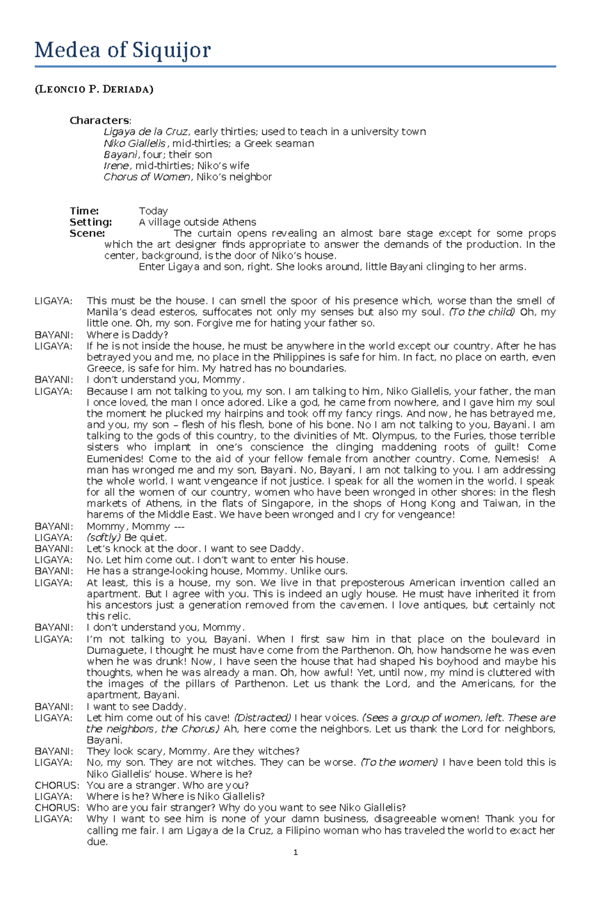 Medea of Siquijor (LEONCIO P. D ERIADA) - A Play Script Analysis - Studocu