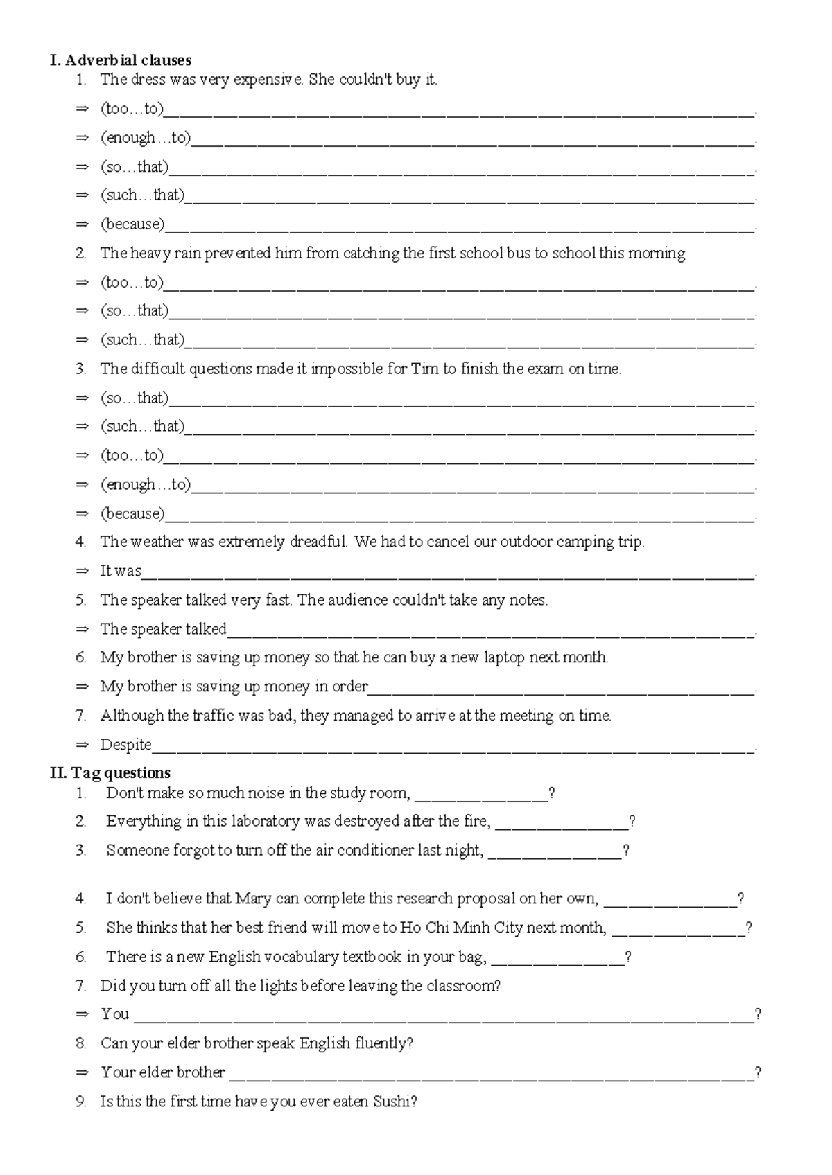 COB1 Adverbial Clauses & Tag Questions Practice Examples - Studocu
