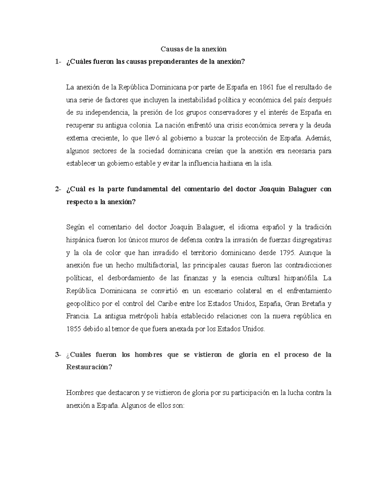 Causas de la Anexión y el Proceso de Restauración en RD 1861-1865 - Studocu