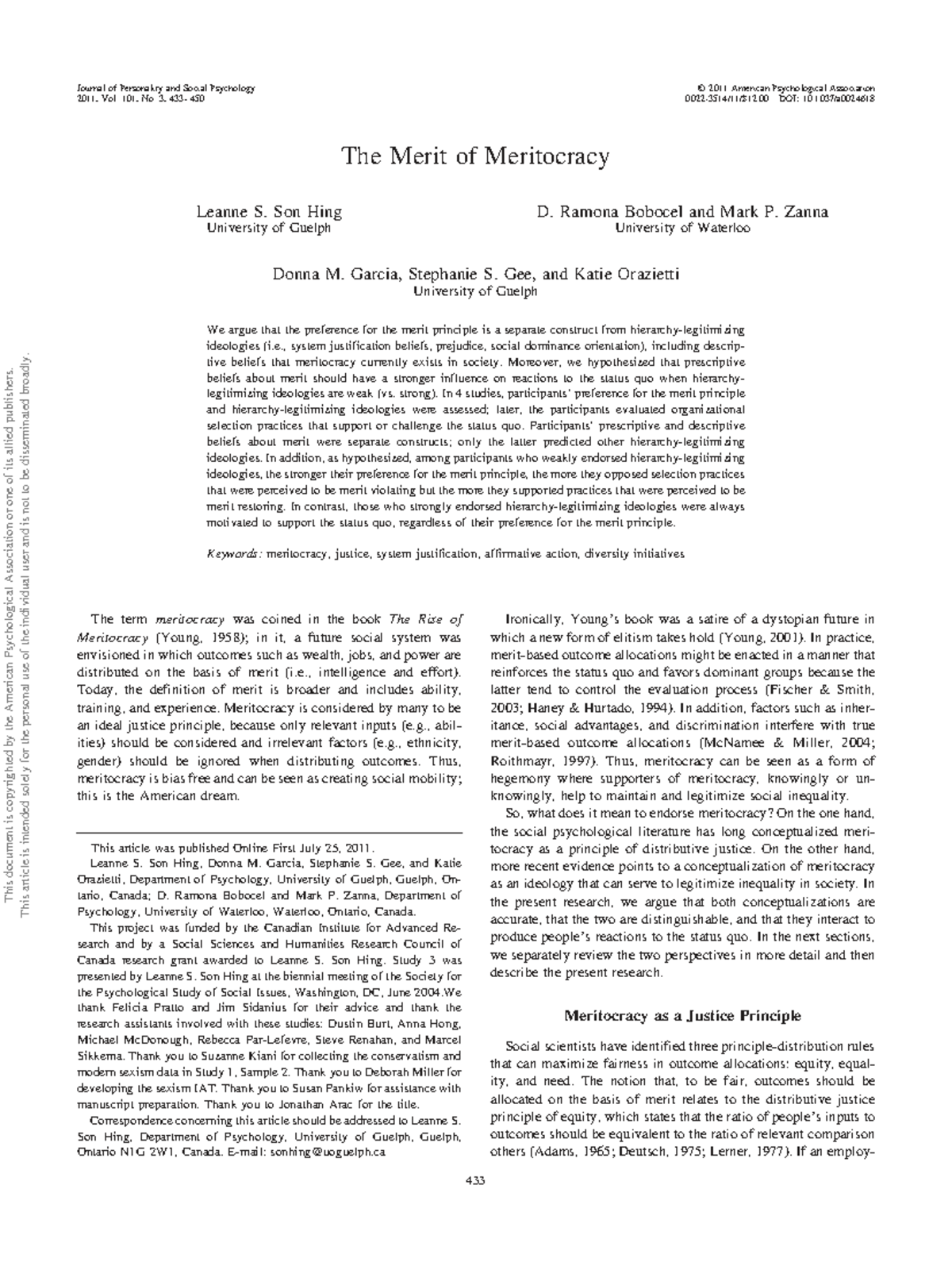 The Merit of Meritocracy: Insights from Son Hing et al. (2011) on ...