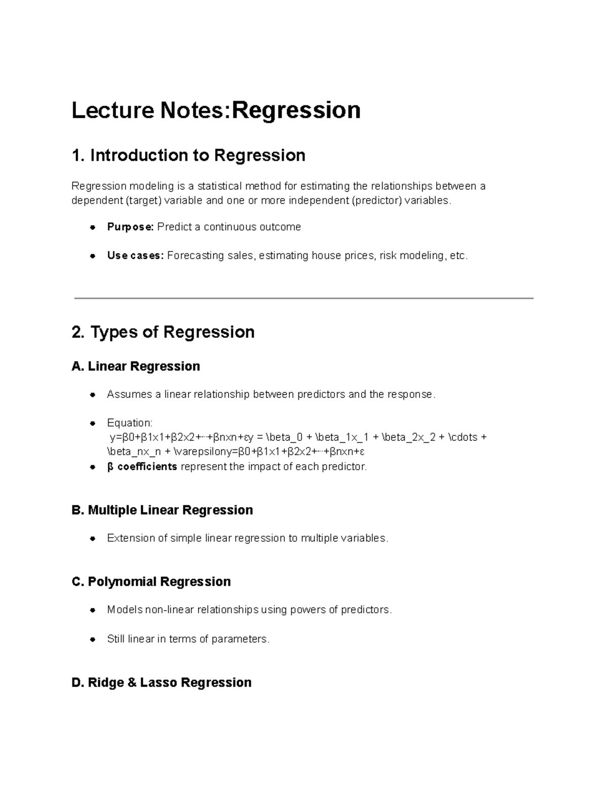 Lecture Notes: Regression Techniques and Applications Overview - Studocu