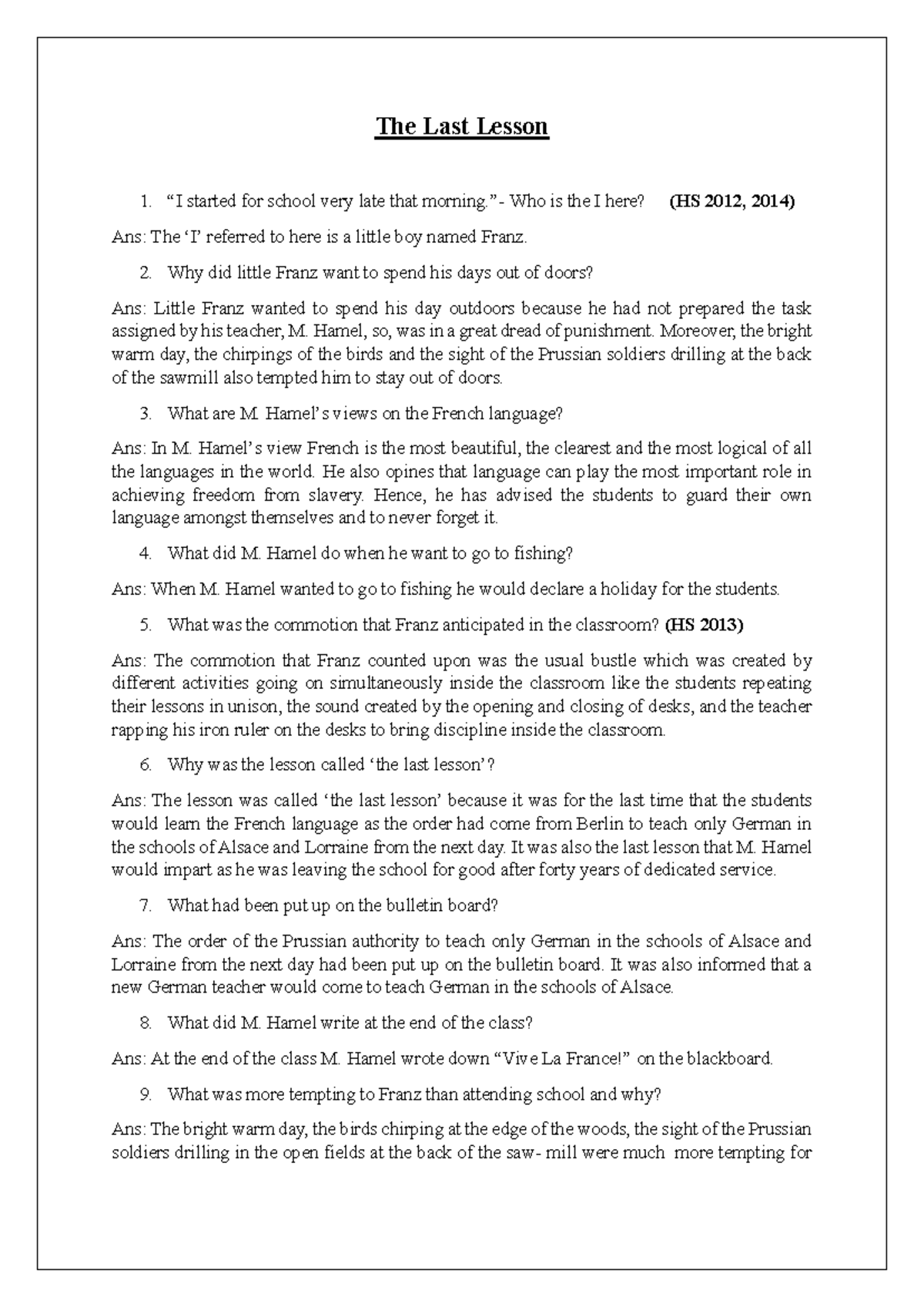 English XII Notes: Analysis of "The Last Lesson" and Other Literary ...