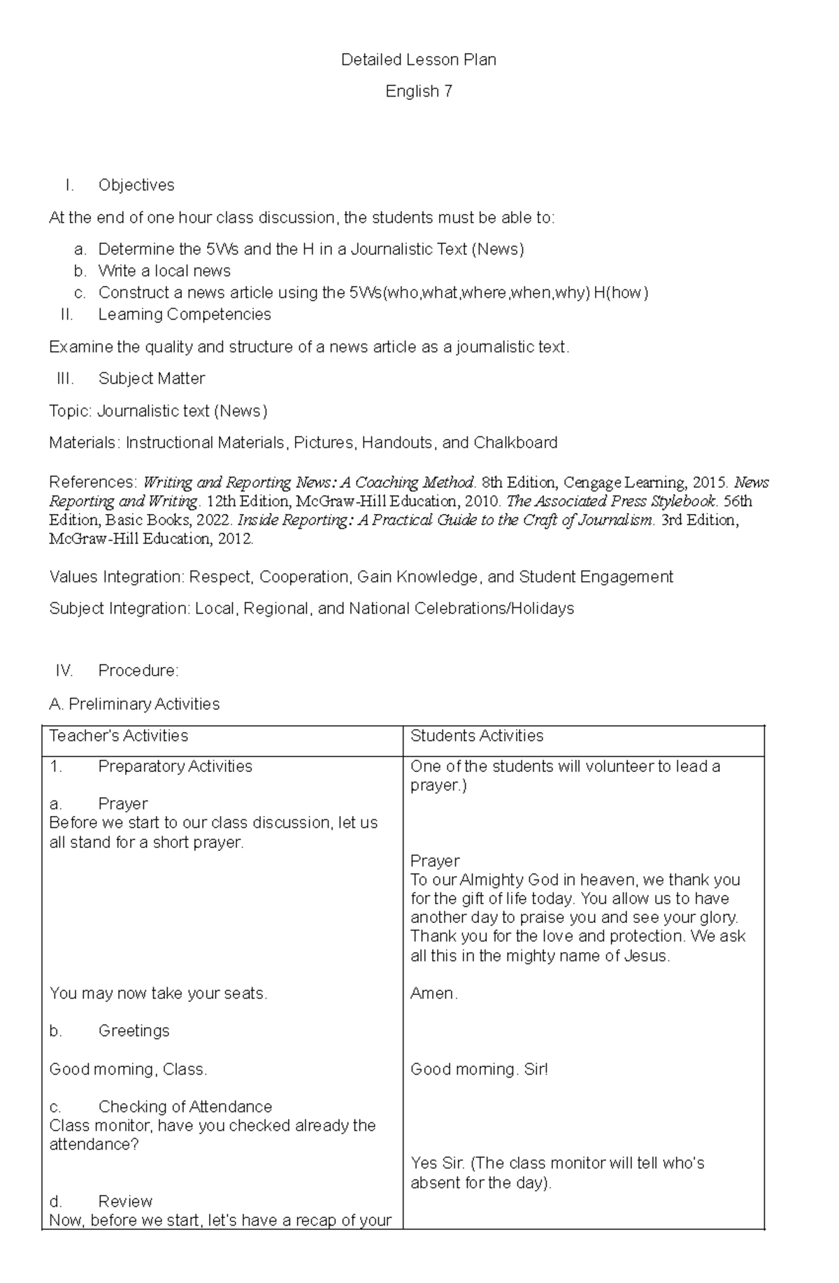 Detailed Lesson Plan on Journalistic Text (News) - English 7 - Studocu