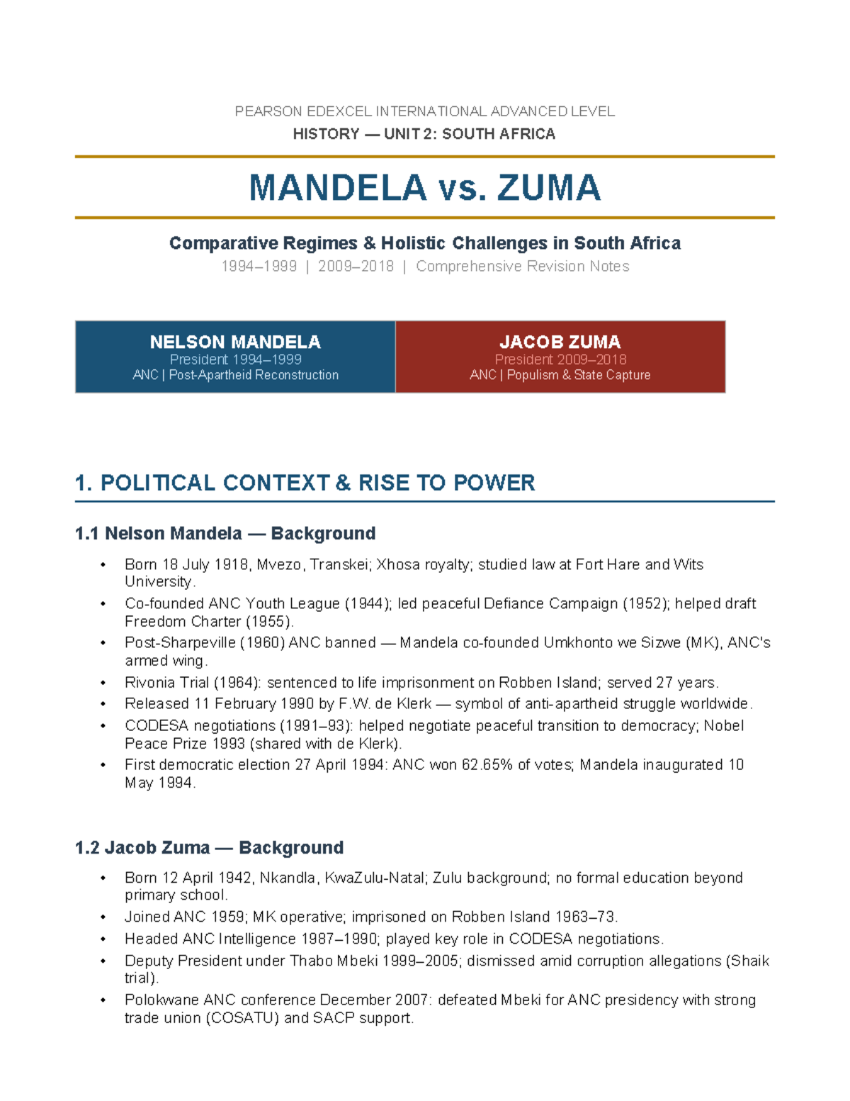 Mandela vs. Zuma: Edexcel IAL History Unit 2 Revision Notes - Studocu
