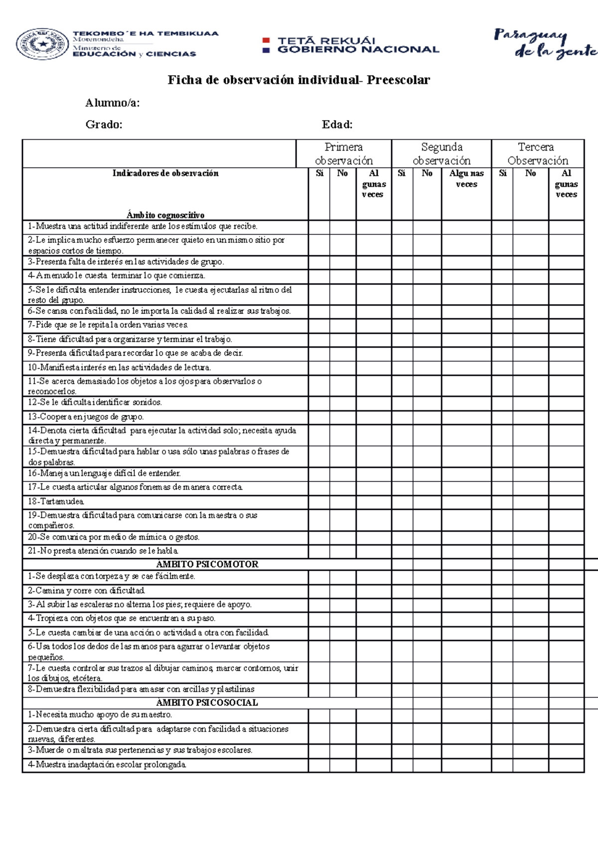 Ficha de observación individual -nuevo - Ficha de observación individual- Preescolar Alumno/a ...