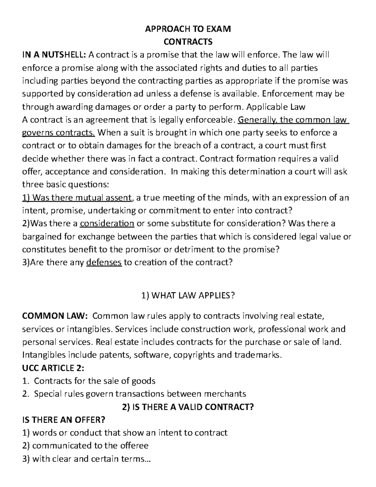 Contract Essay Attack Sheet - APPROACH TO EXAM CONTRACTS IN A NUTSHELL ...
