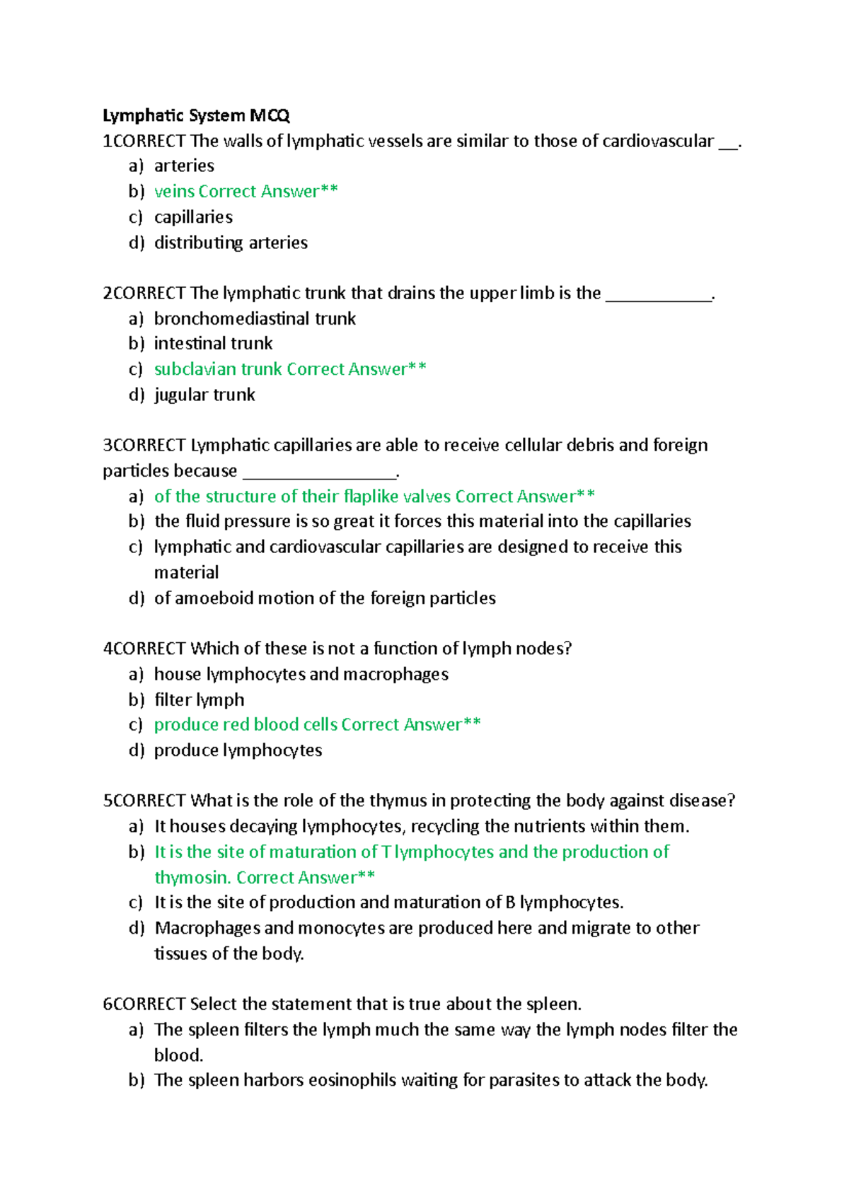 Lymphatic System MCQ - Lymphatic System MCQ 1CORRECT The walls of ...