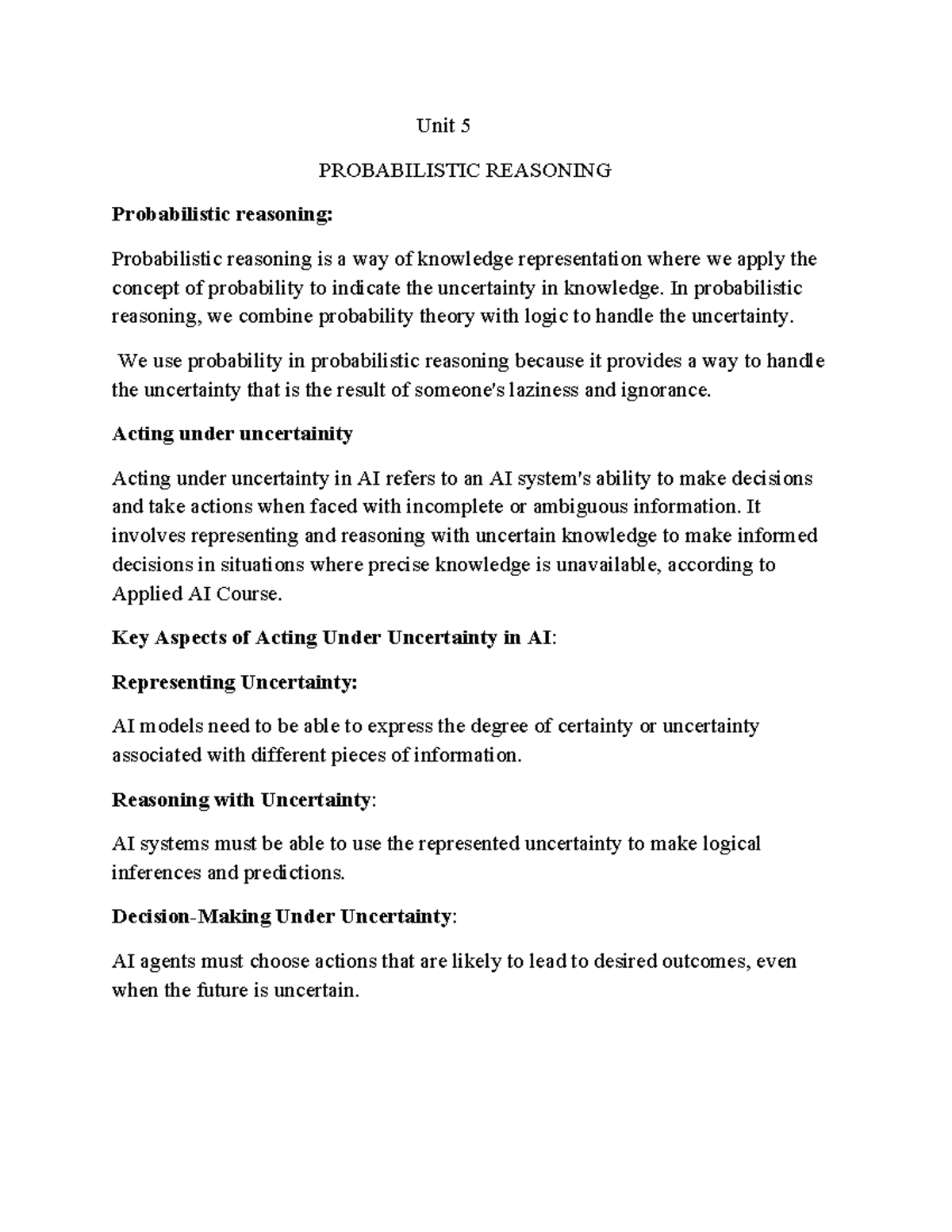 AI UNIT 5 - Probabilistic Reasoning and Uncertainty in AI - Studocu