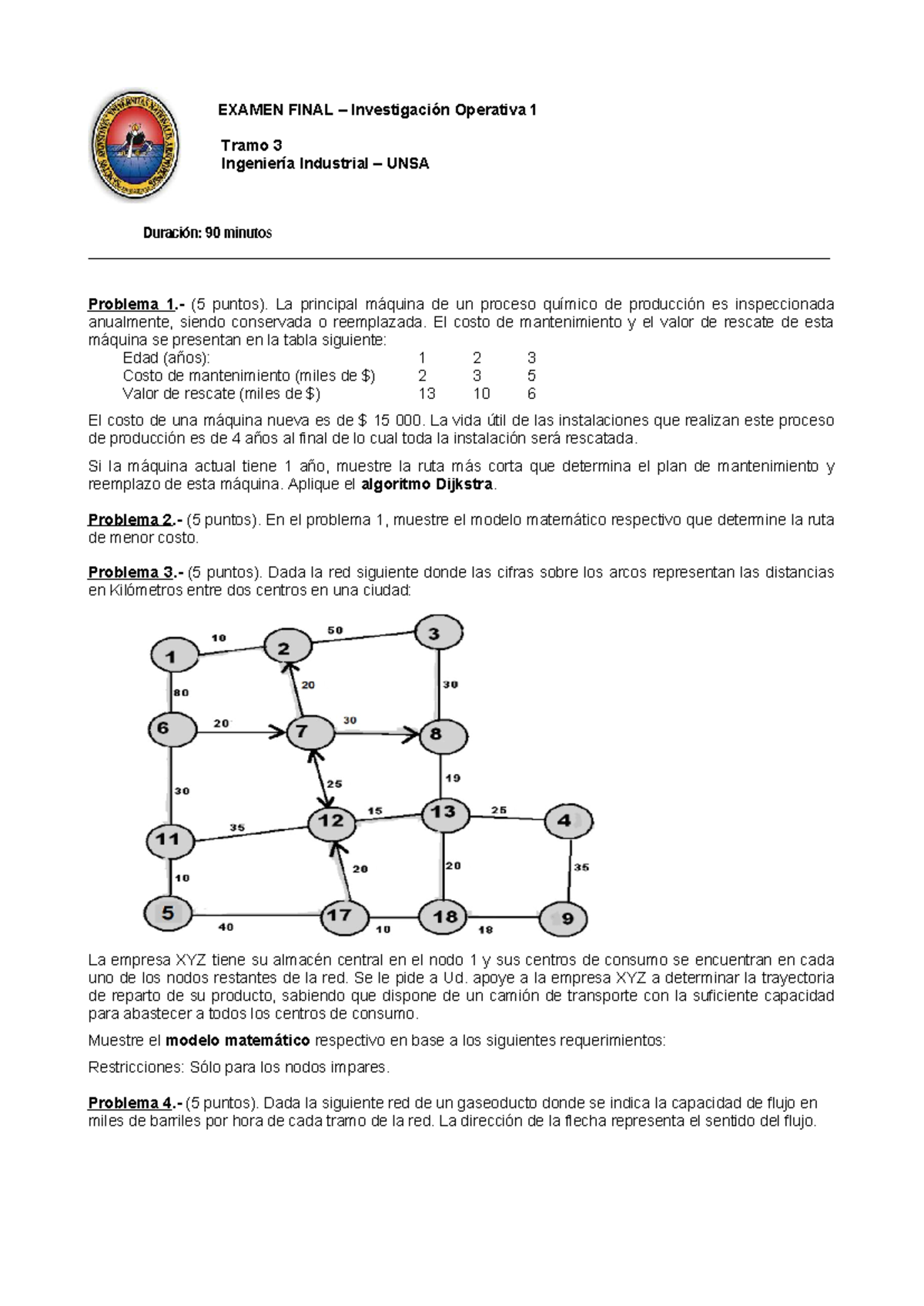 Practica IO1 Tramo 3 2024 UNSA - Duración: 90 minutos Problema 1.- (5 puntos). La principal ...