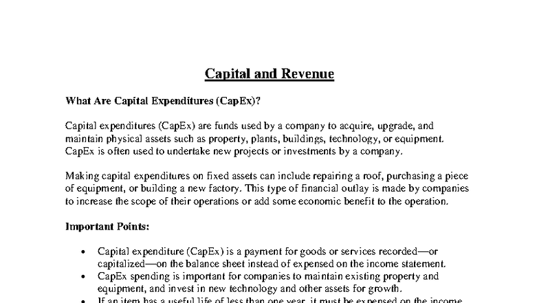 Capital vs Revenue Expenditures: Understanding CapEx and OpEx - Studocu