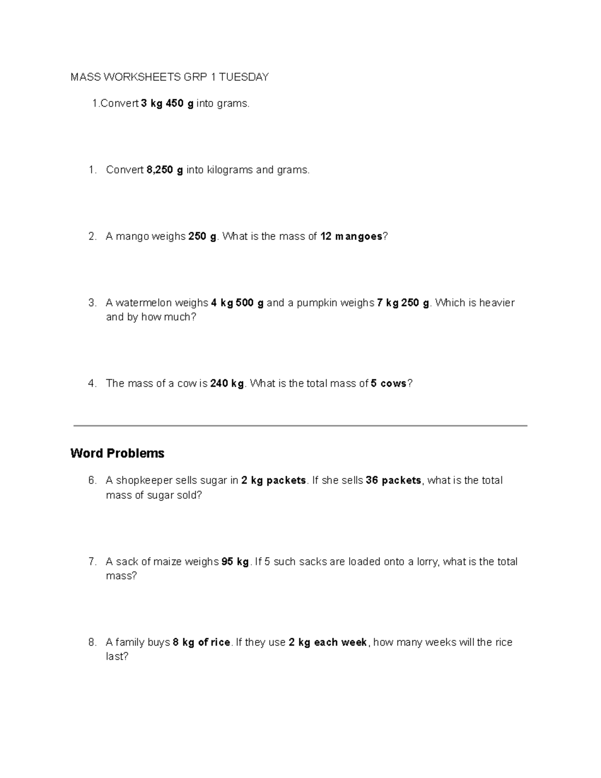 MASS Worksheets GRP 1 - Weight Conversion & Word Problems - Studocu