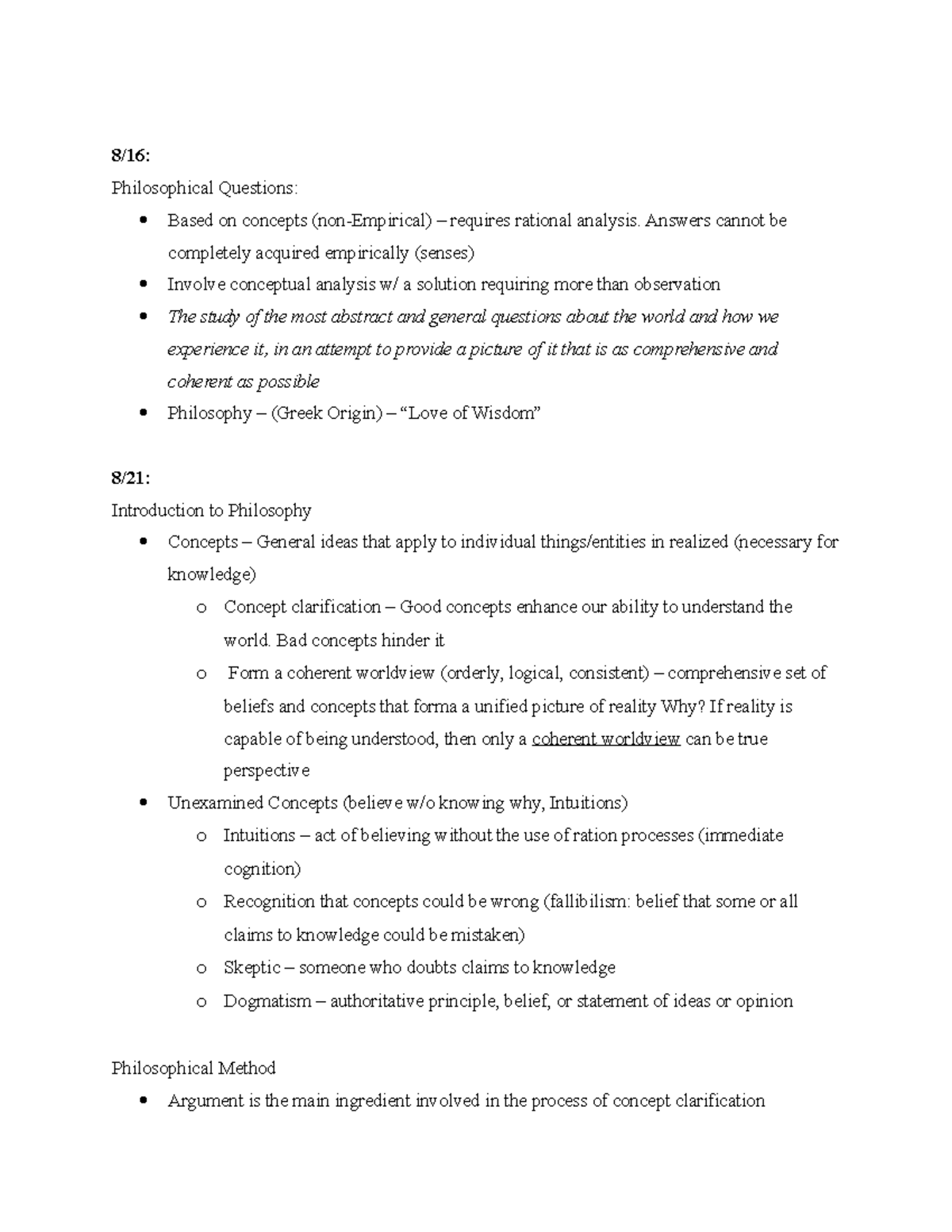 Philosophy Notes (PHIL101) - Key Concepts & Descartes' Ideas - Studocu