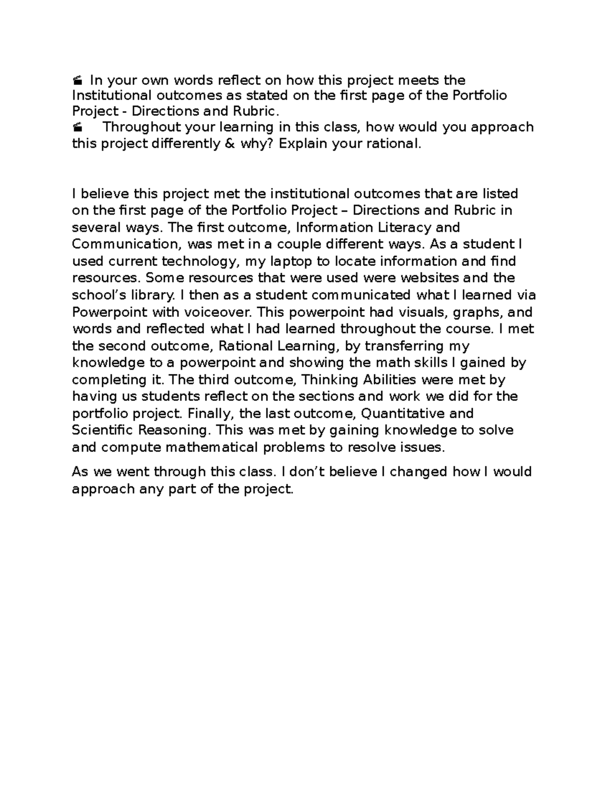 W7.5 PP Reflection - In your own words reflect on how this project meets the Institutional - Studocu