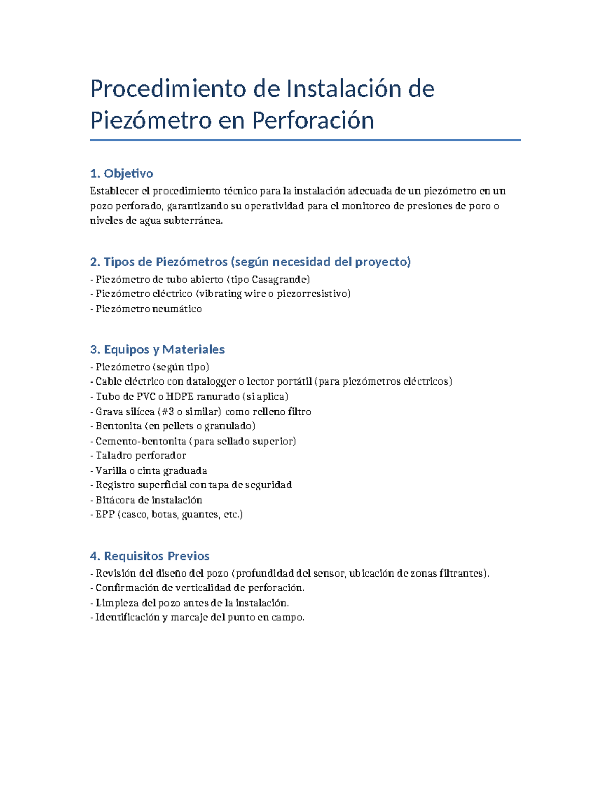 Procedimiento de Instalación de Piezómetro en Perforación 1 - Studocu