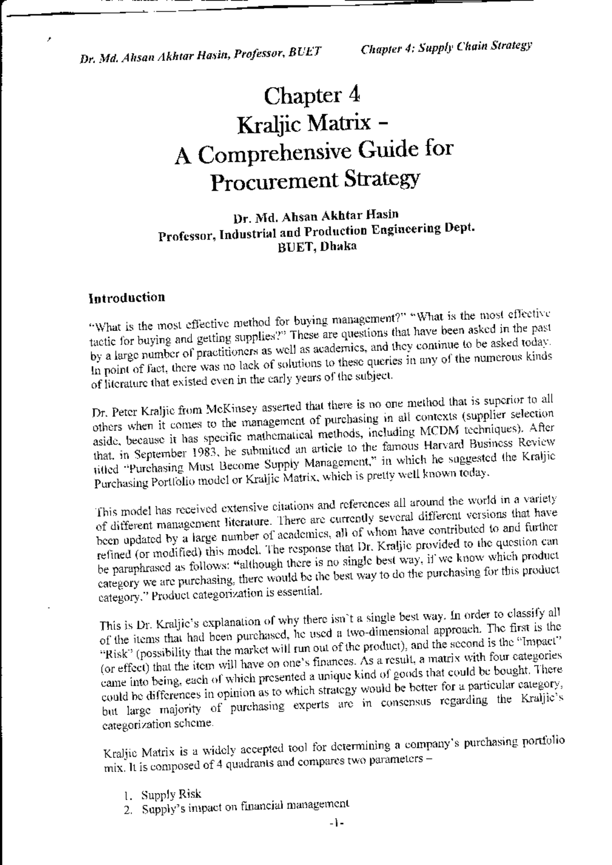 Chapter 4: Kraljic Matrix for Purchasing Strategy - BUET - Studocu
