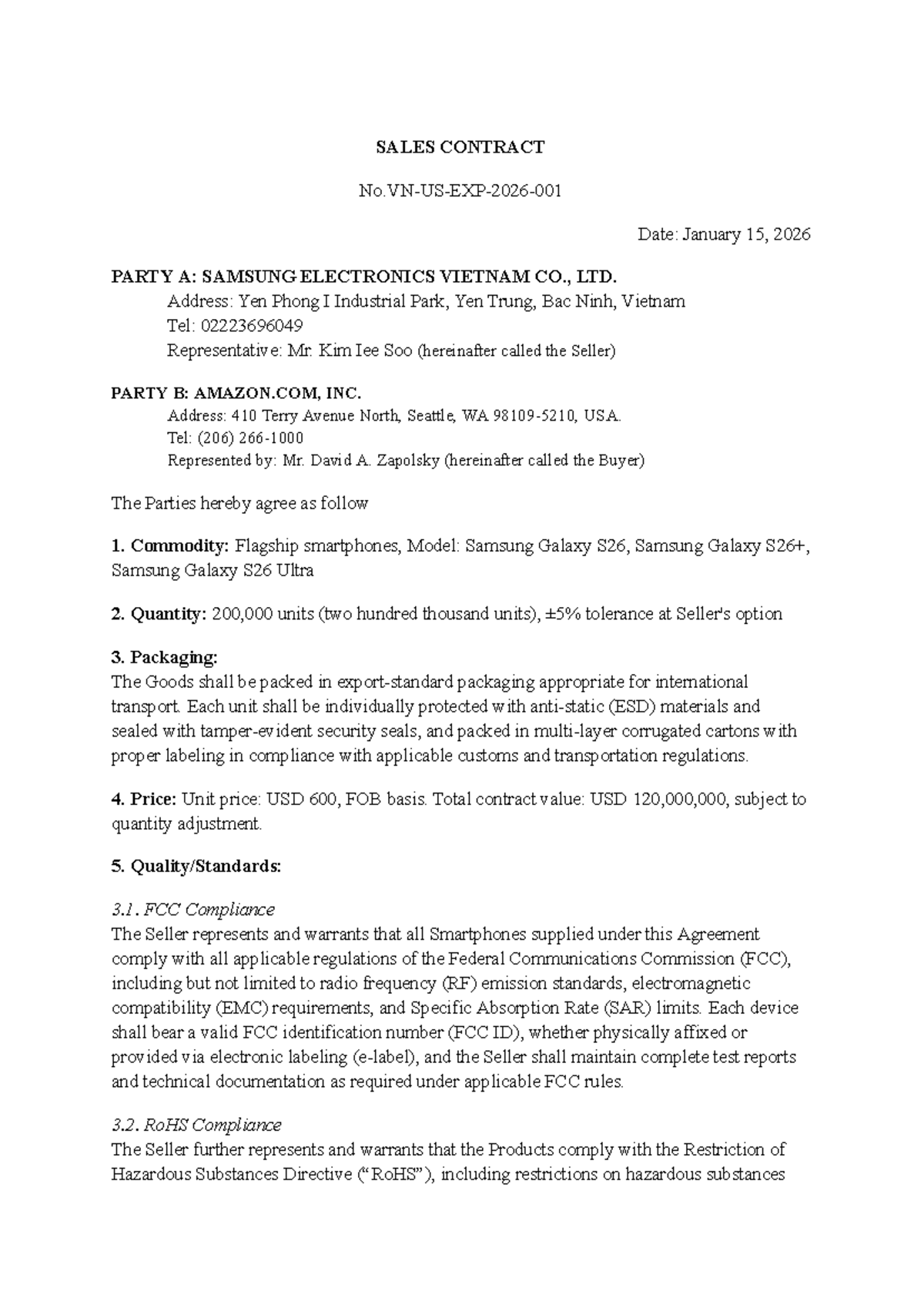 SALES CONTRACT: Samsung Galaxy S26 Supply Agreement (2026) - Studocu
