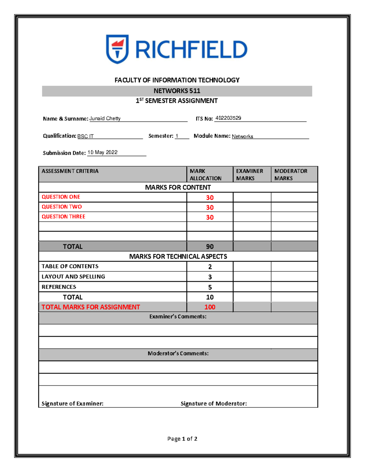 402203529 Networks - Assignment 2 - Page 1 of 2 FACULTY OF INFORMATION ...
