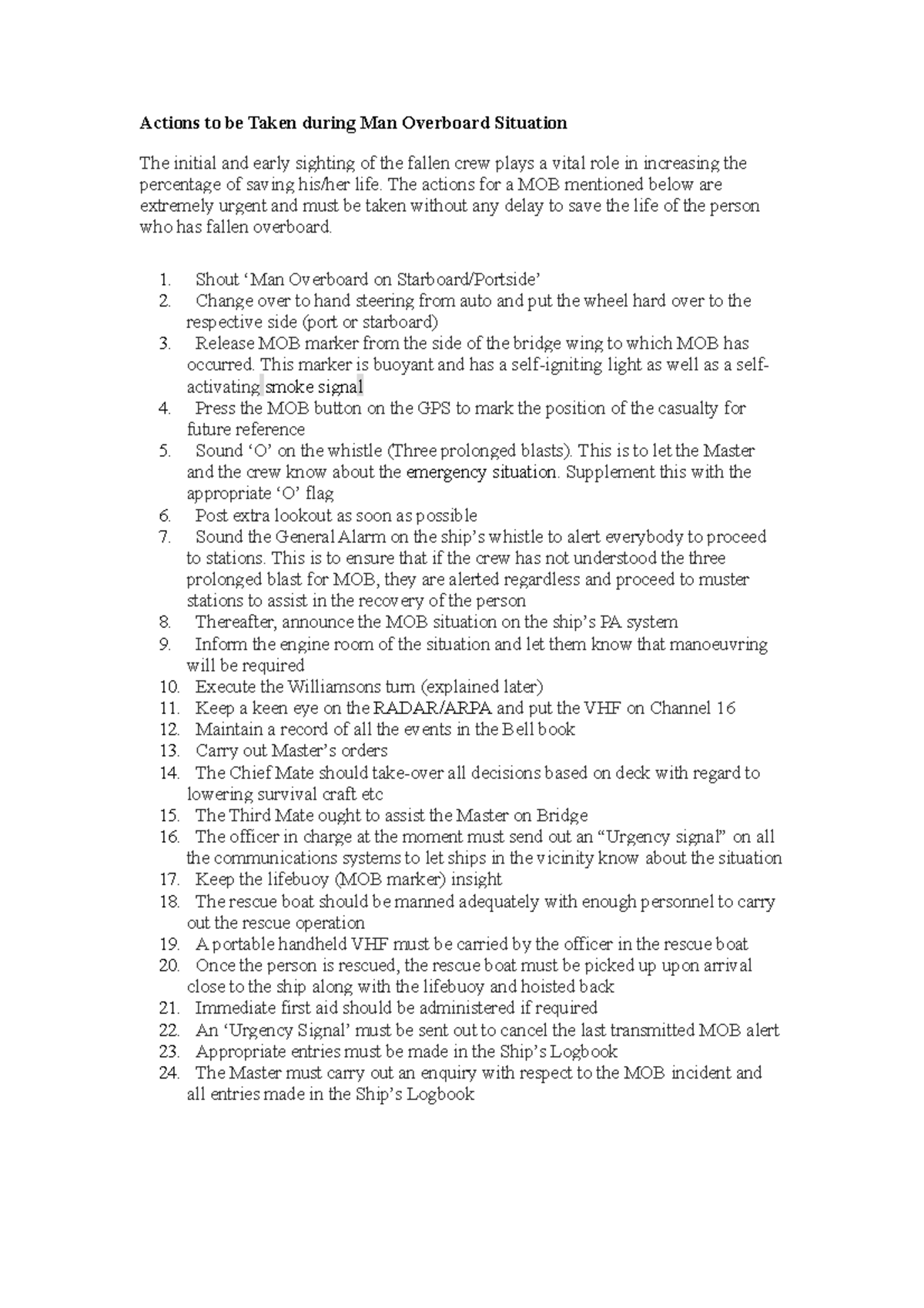 MOB Emergency Response Procedures for Maritime Safety - Studocu