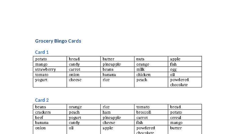 Grocery Bingo Cards - Comprehensive List of Items - Studocu