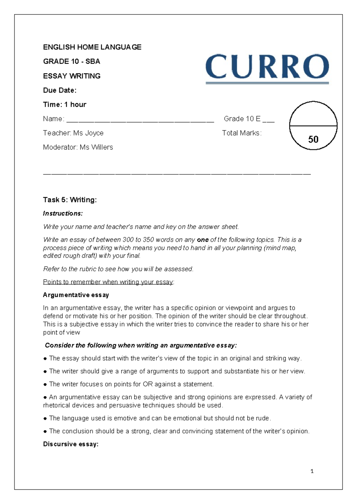 Grade 10 English Essay Writing Task 2: Guidelines and Topics - Studocu