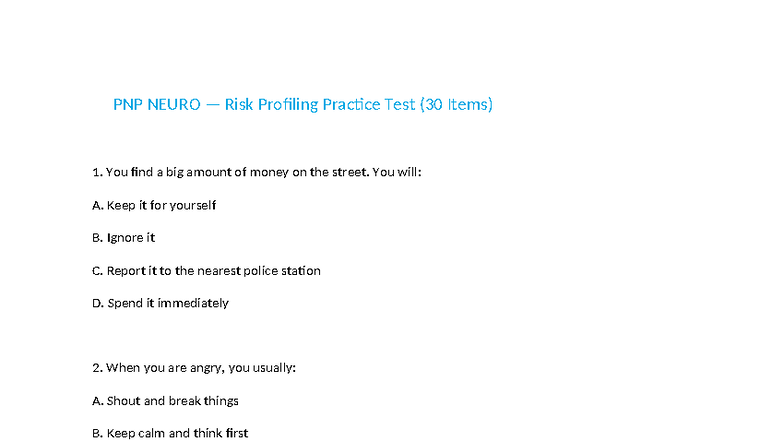 PNP NEURO Risk Profiling Practice Test (30 Items) - Set A 2025 - Studocu