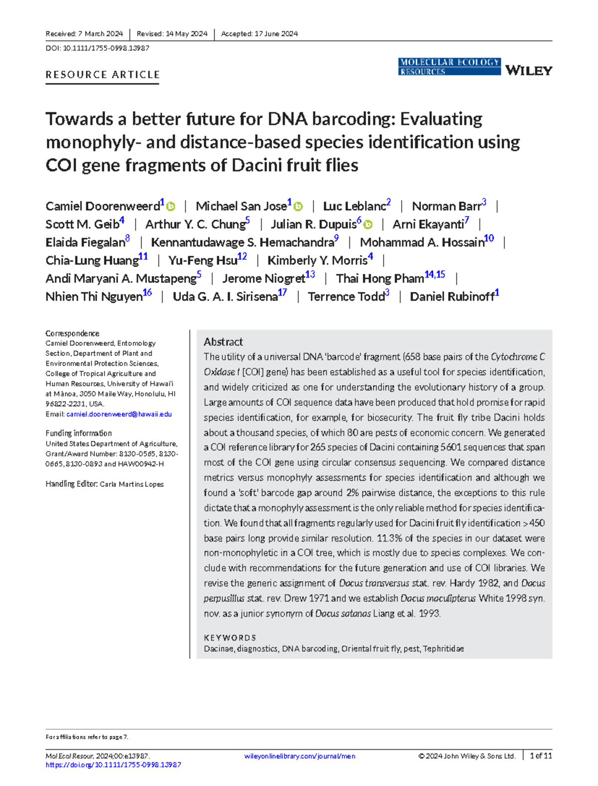 Evaluating COI Gene Fragments for Dacini Fruit Fly Identification (MOL ...
