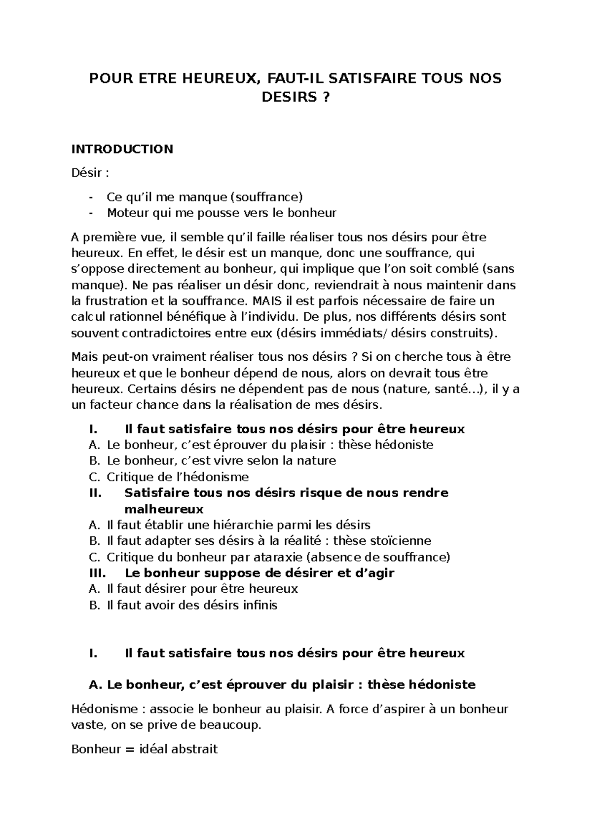 Philo C6: Le Bonheur et la Satisfaction des Désirs - Cours - Studocu