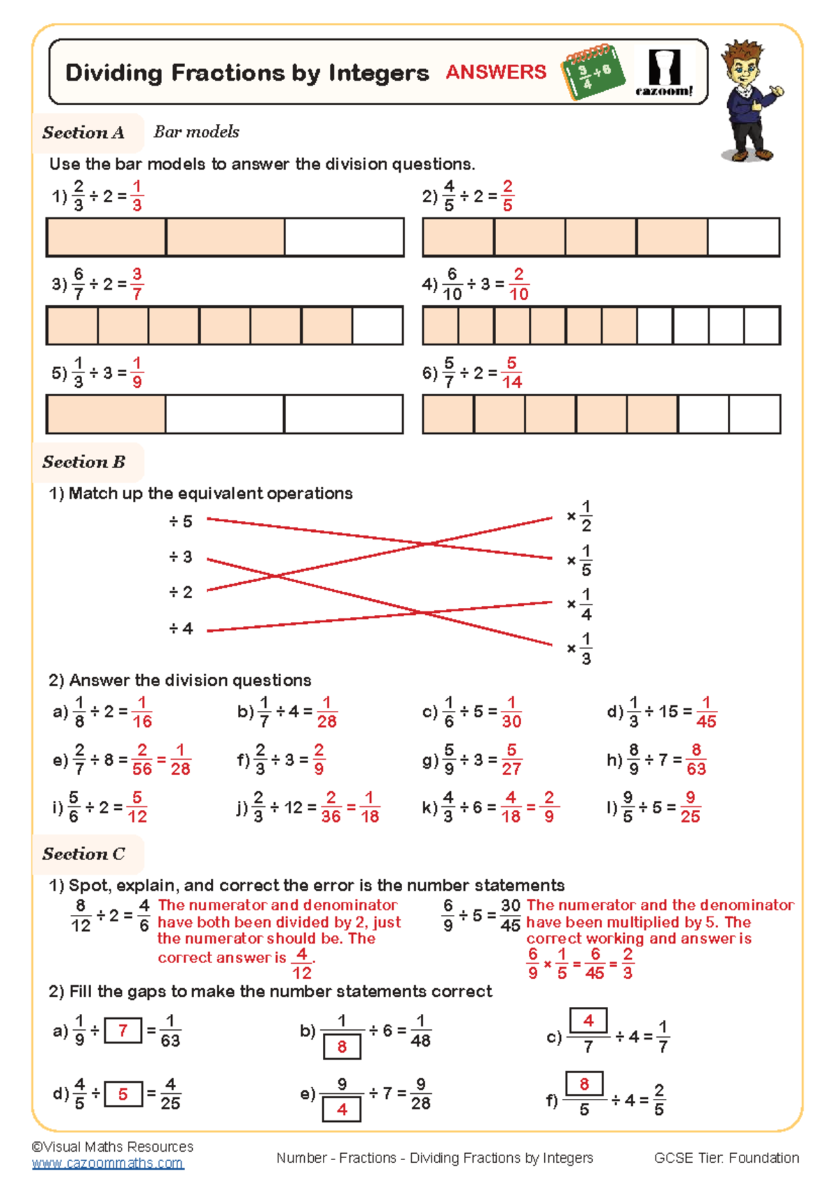 Cazoom Maths - Dividing Fractions by Integers - Answers (GCSE F) - Studocu