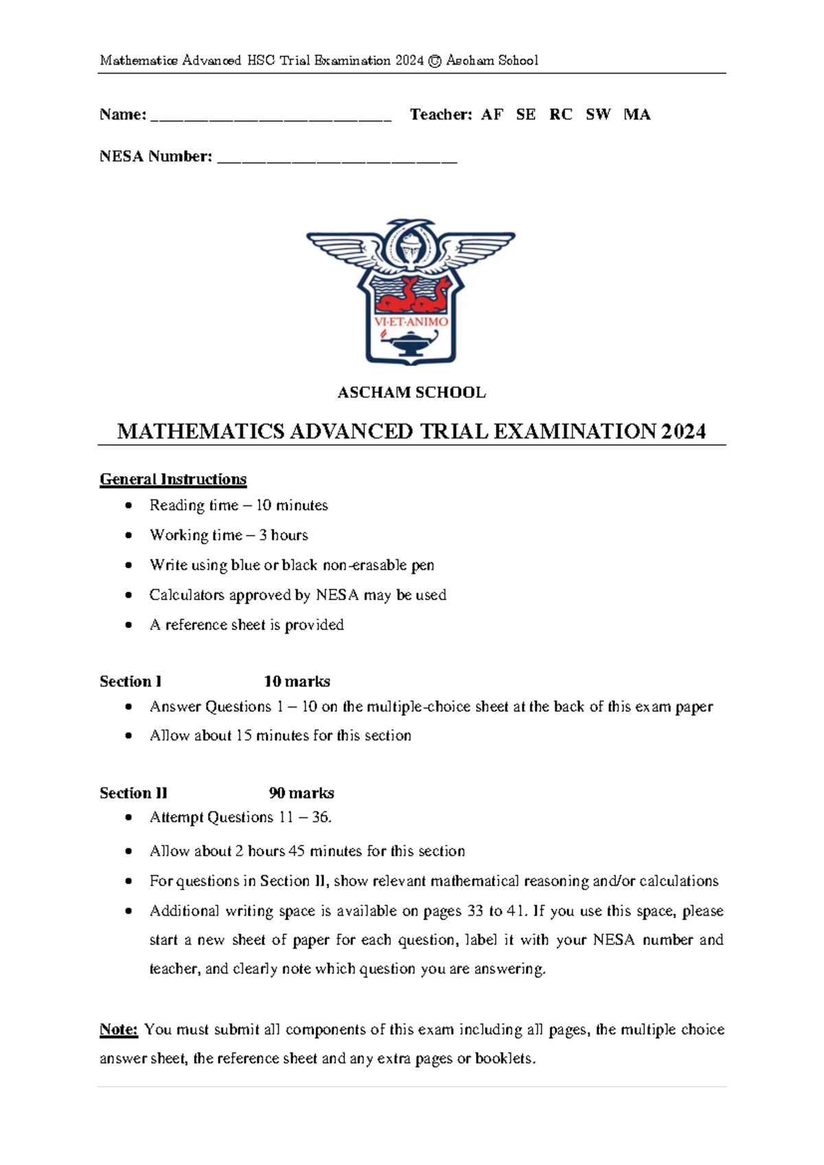 NSB 2024 - Year 12 HSC Mathematics Advanced Trial Exam Paper - Studocu