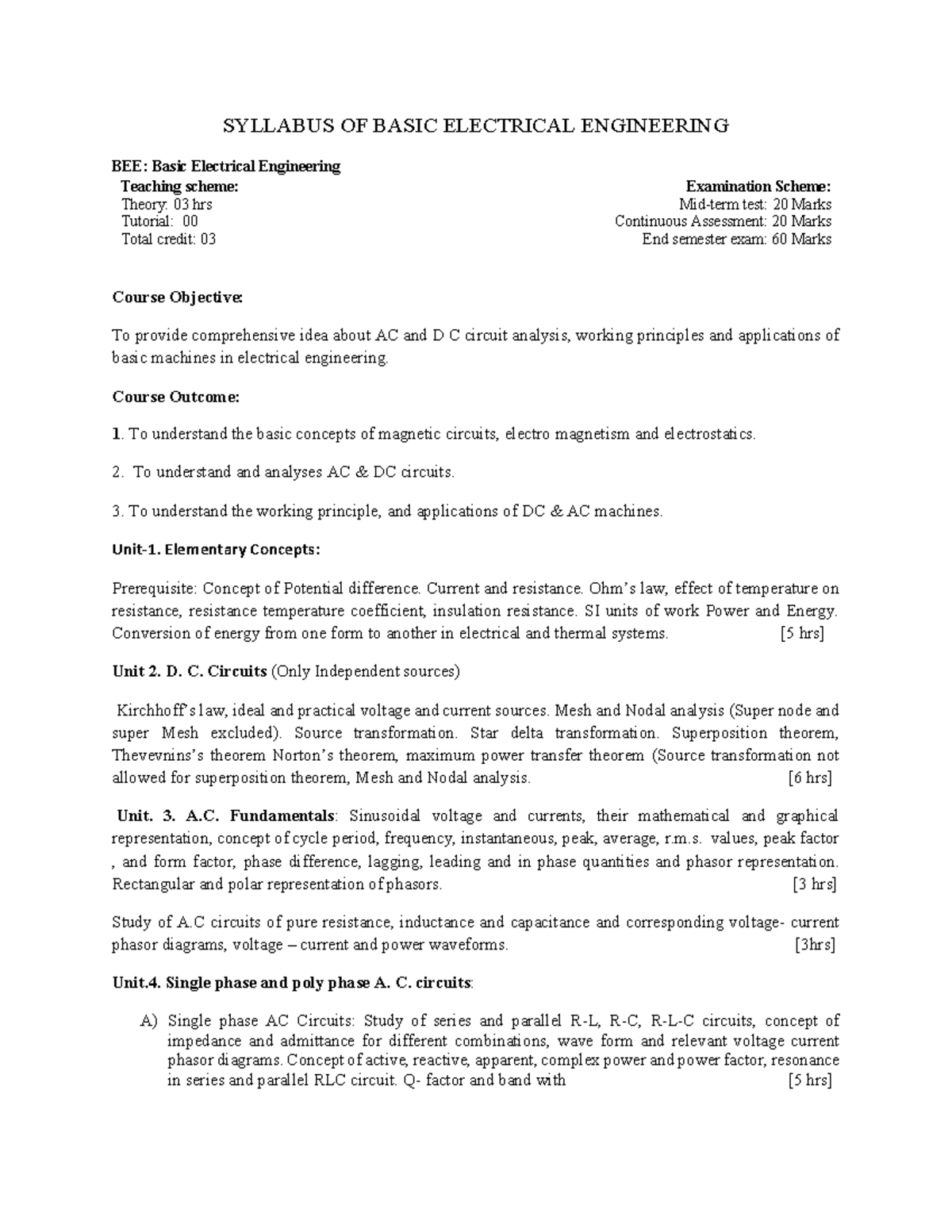 SYLLABUS FOR BEE 101: BASIC ELECTRICAL ENGINEERING - Studocu