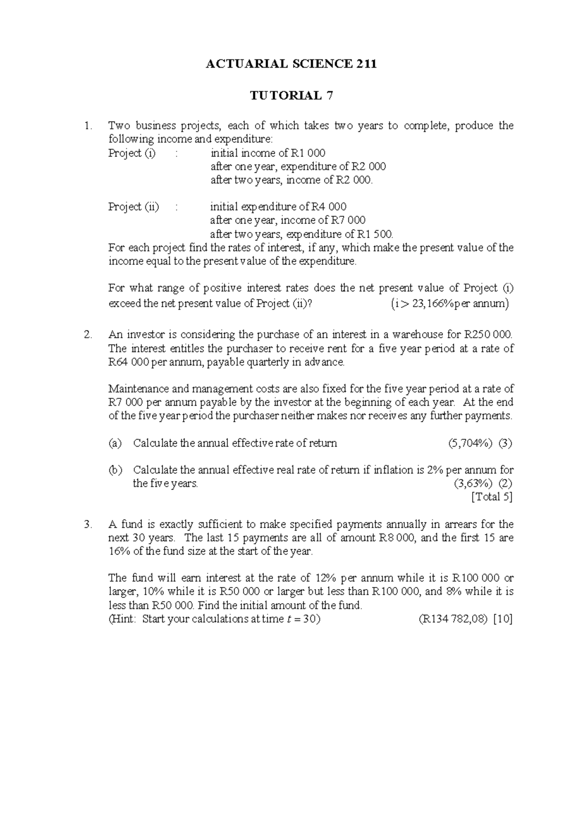 ACTUARIAL SCIENCE 211 TUTORIAL 7 - Detailed Notes and Calculations ...