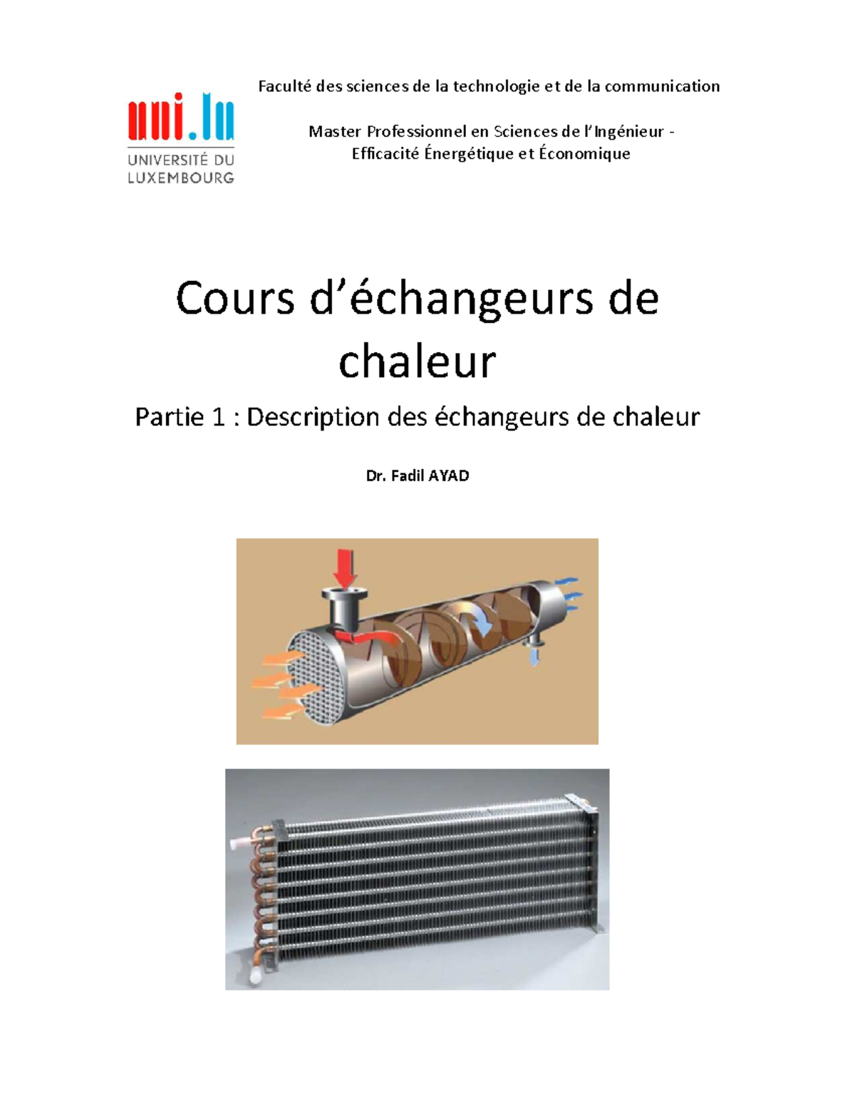 Description des échangeurs de chaleur - Fadil AYAD Table des matières 1 ...