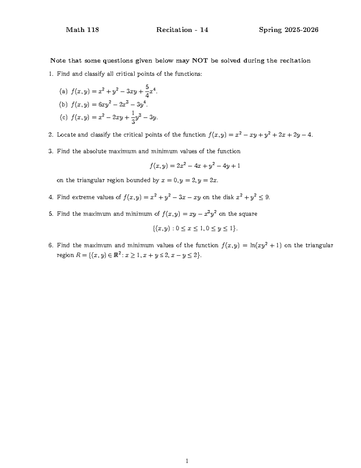 MATH 118 Recitation 14 Spring 2025 Critical Points & Extrema Notes ...