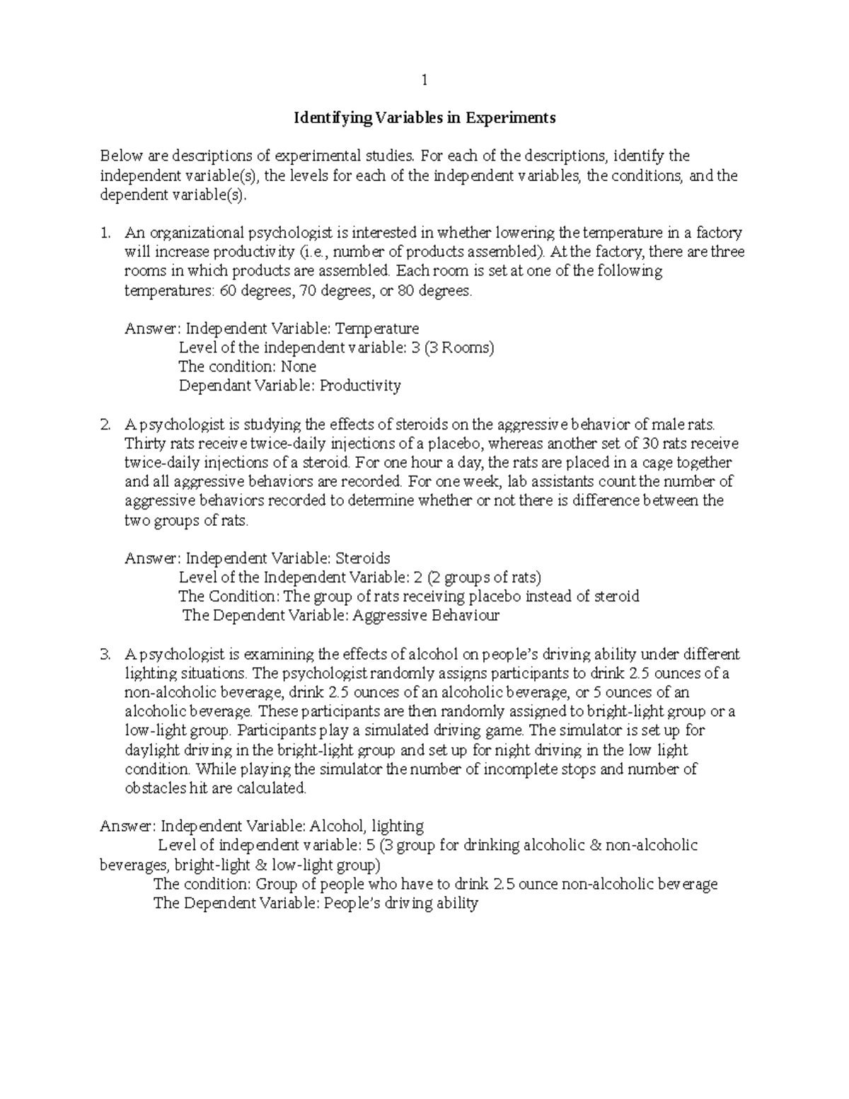 Identifying Independent & Dependent Variables Worksheet PSY 101L - Studocu