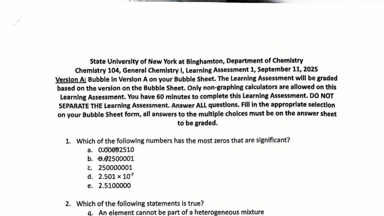 Chemistry 104: General Chemistry I Learning Assessment 1 (Version A ...