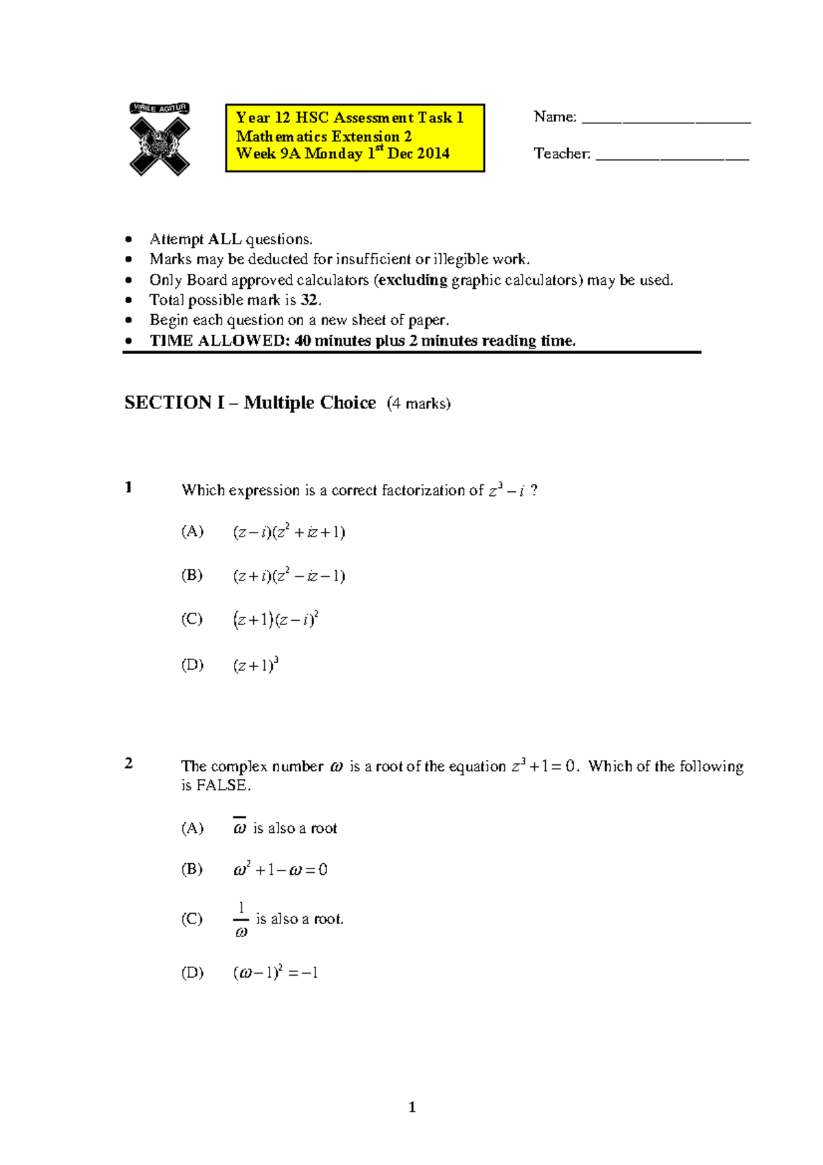 Year 12 HSC Mathematics Extension 2 Assessment Task 1 Solutions - Studocu