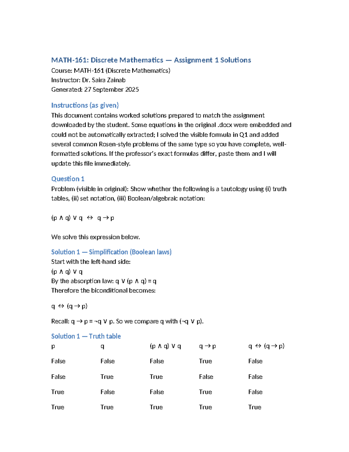 Discrete Mathematics (DM) Assignment 1 Solutions - Detailed Explanations - Studocu