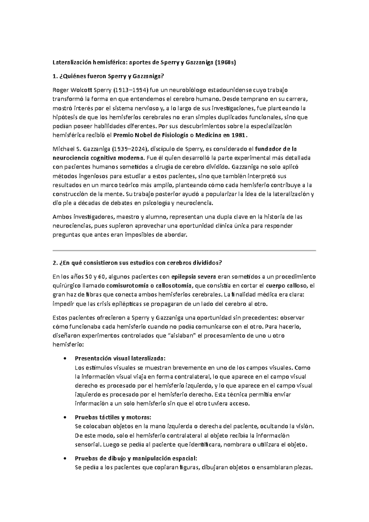 Lateralización Hemisférica: Aportes de Sperry y Gazzaniga (1960s) - Studocu