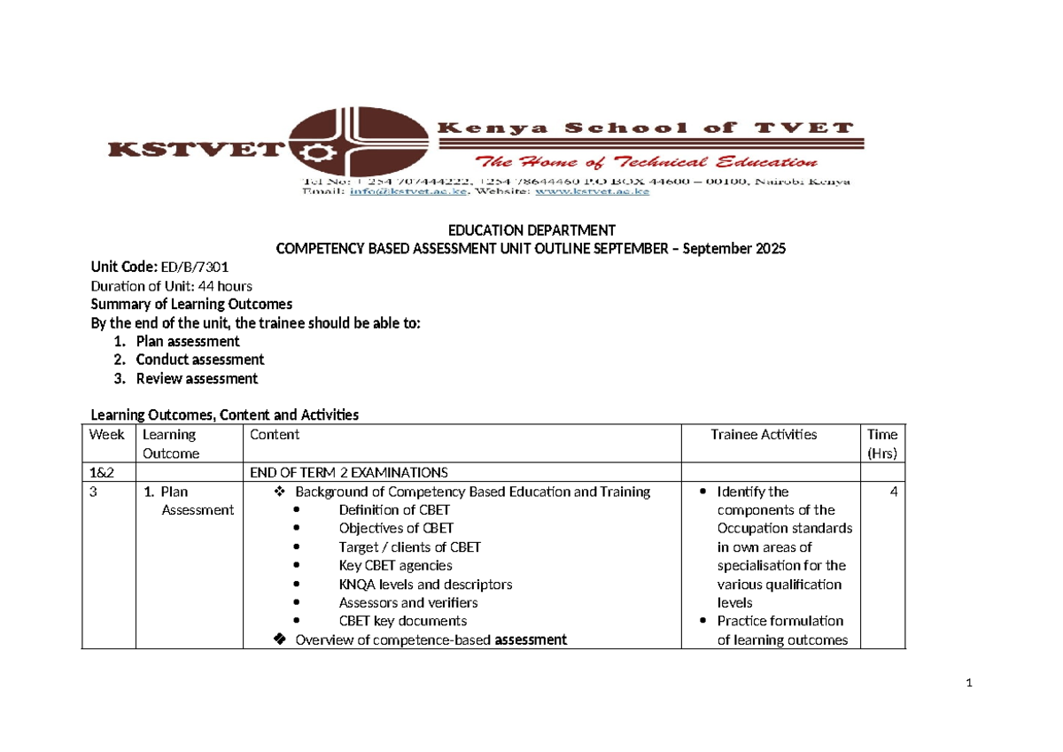 CBA Unit Outline: Competency Based Assessment (EDU 2025) - Studocu