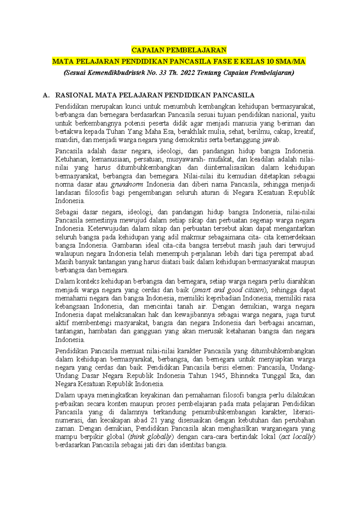 Capaian Pembelajaran Fase E: Pendidikan Pancasila Kelas 10 - Studocu