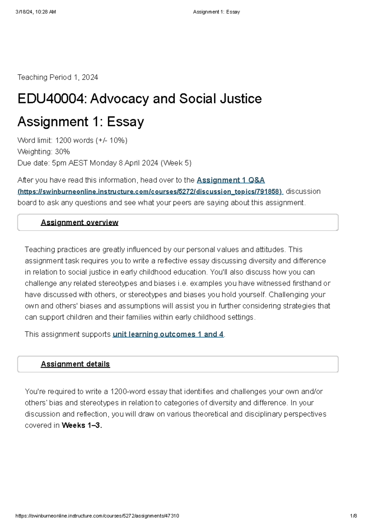 EDU40004: Assignment 1 Essay on Diversity and Social Justice - Studocu