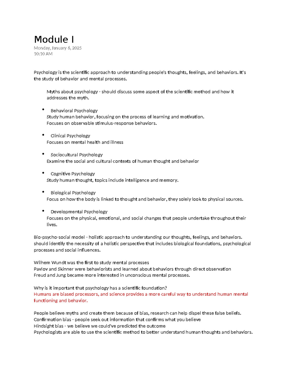 PSYC101 Final Exam Notes: Key Concepts in Psychology Module I - Studocu