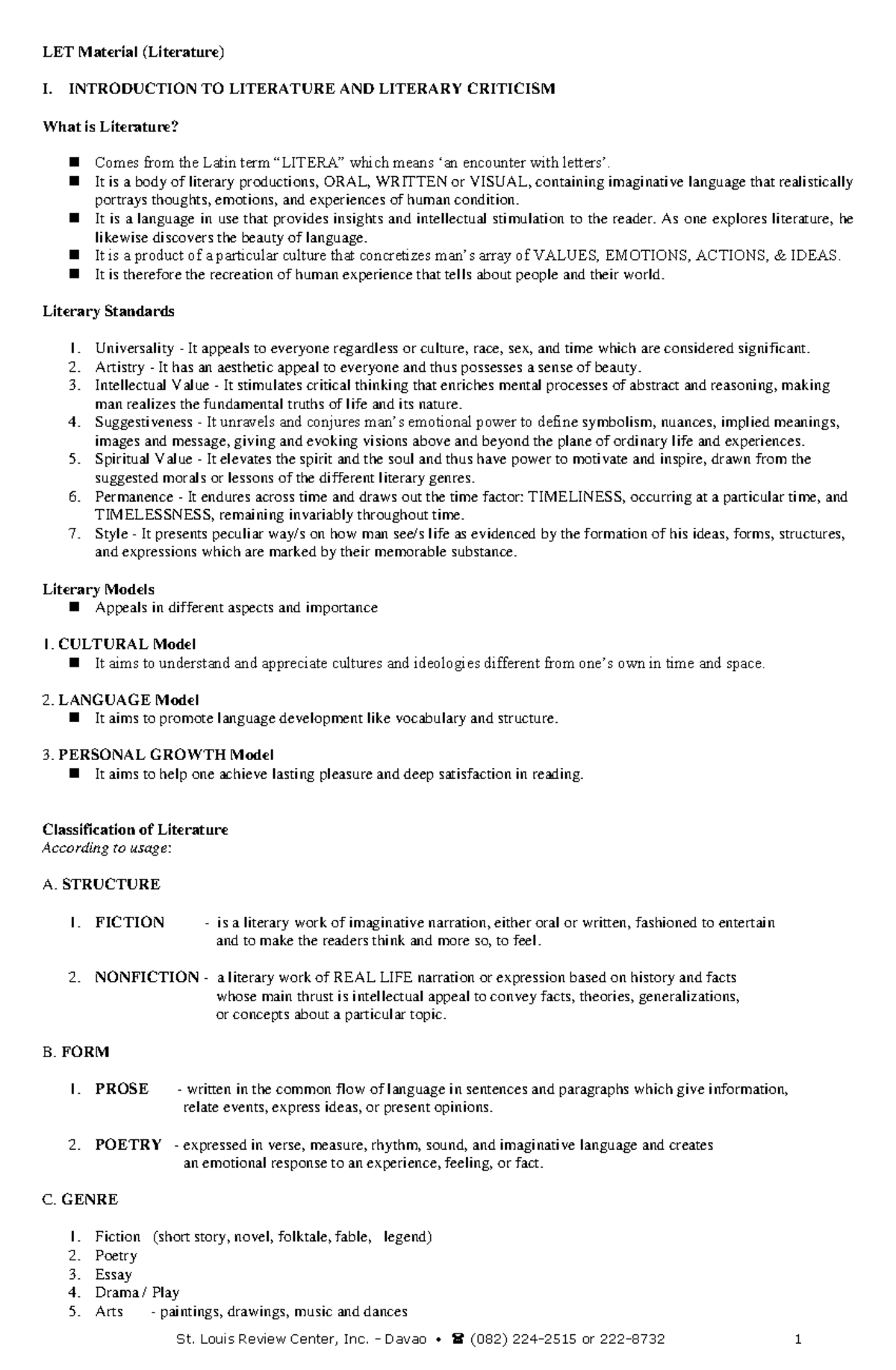 LET 082: Introduction to Literature and Literary Criticism Notes - Studocu