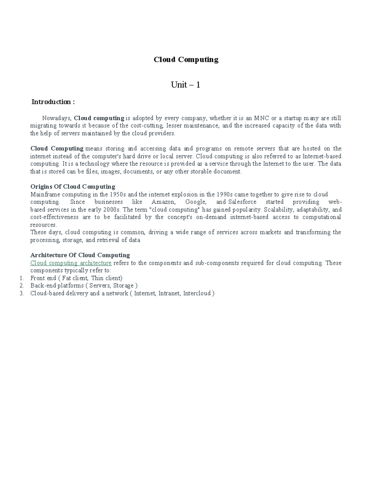CC UNIT1 - Introduction to Cloud Computing and Architecture - Studocu