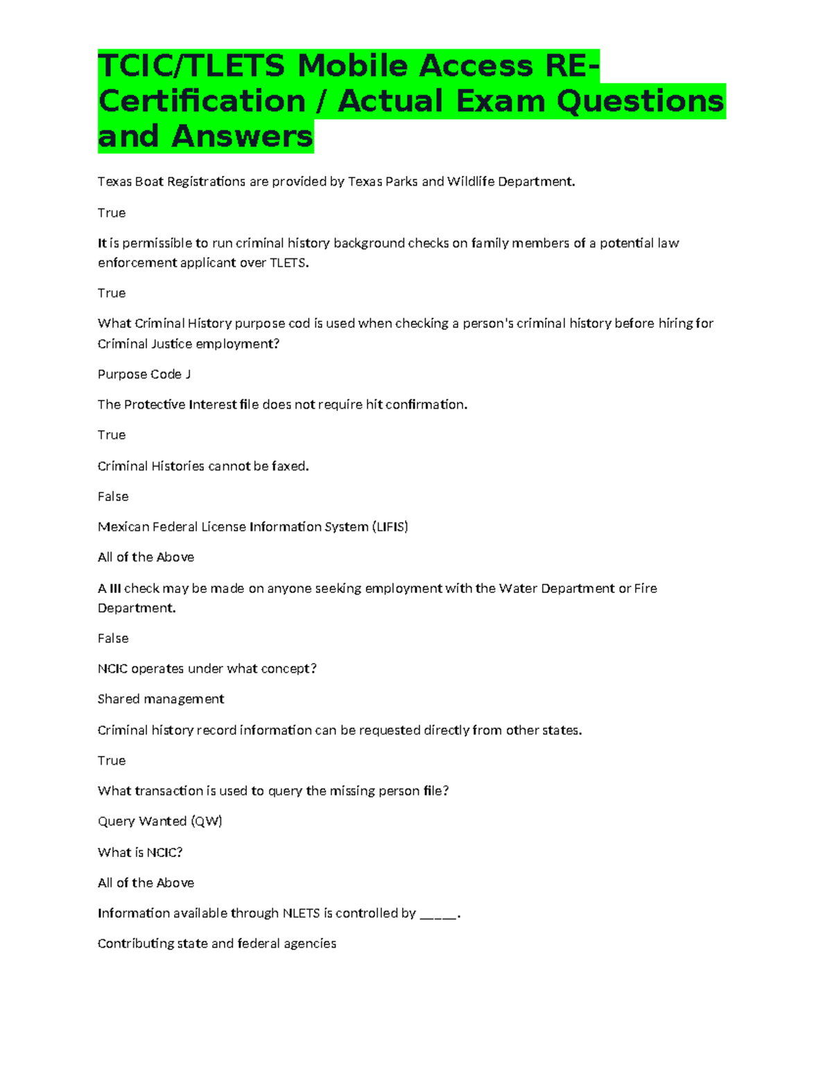 TCIC Tlets Mobile Access RE-Certification Exam Q&A Guide - Studocu