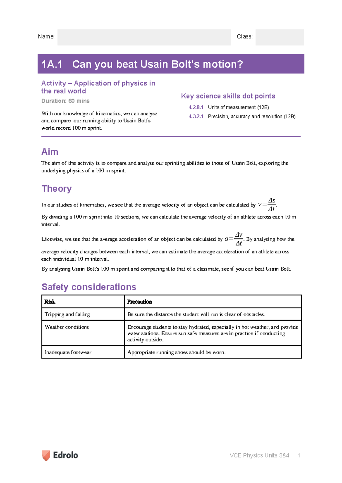 Activity 1A.1: Can You Beat Usain? Physics in Motion Analysis - Studocu