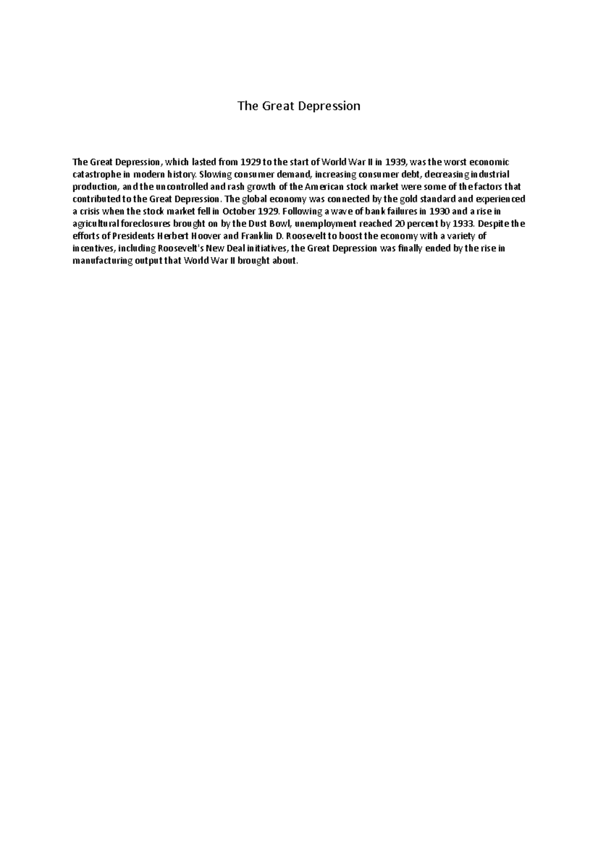 The great depression - notes - The Great Depression The Great ...