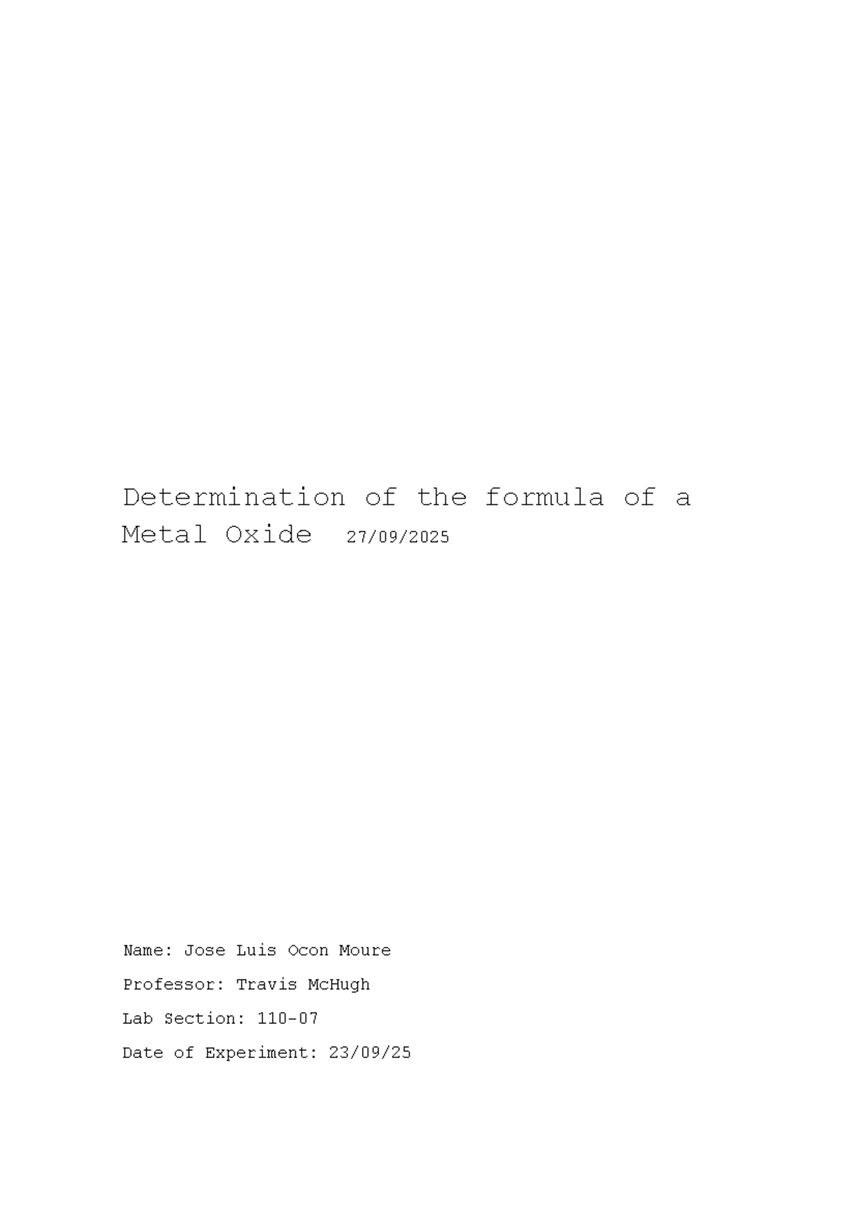 CHE110L 3rd Lab Report: Determining Empirical Formula of MgO - Studocu