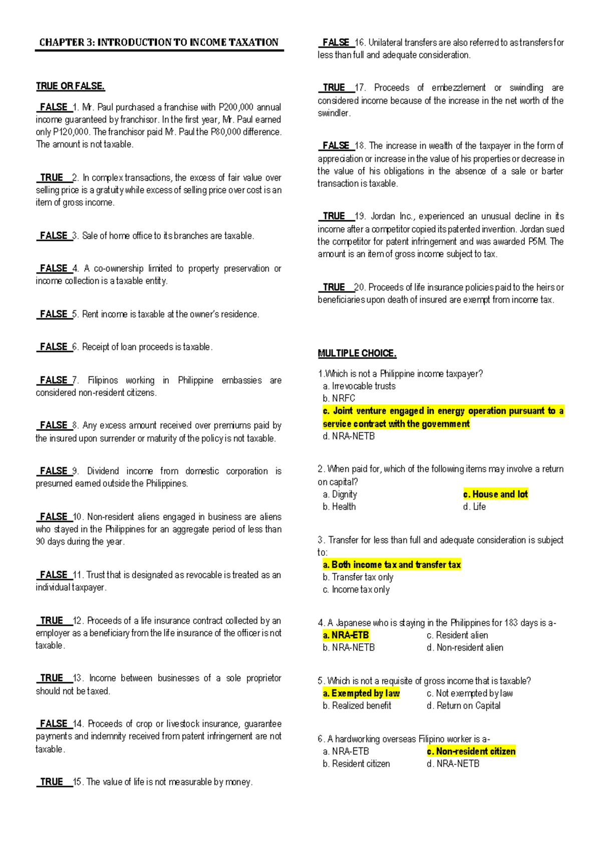 C3 Tax-Quiz - quiz - CHAPTER 3: INTRODUCTION TO INCOME TAXATION TRUE OR ...