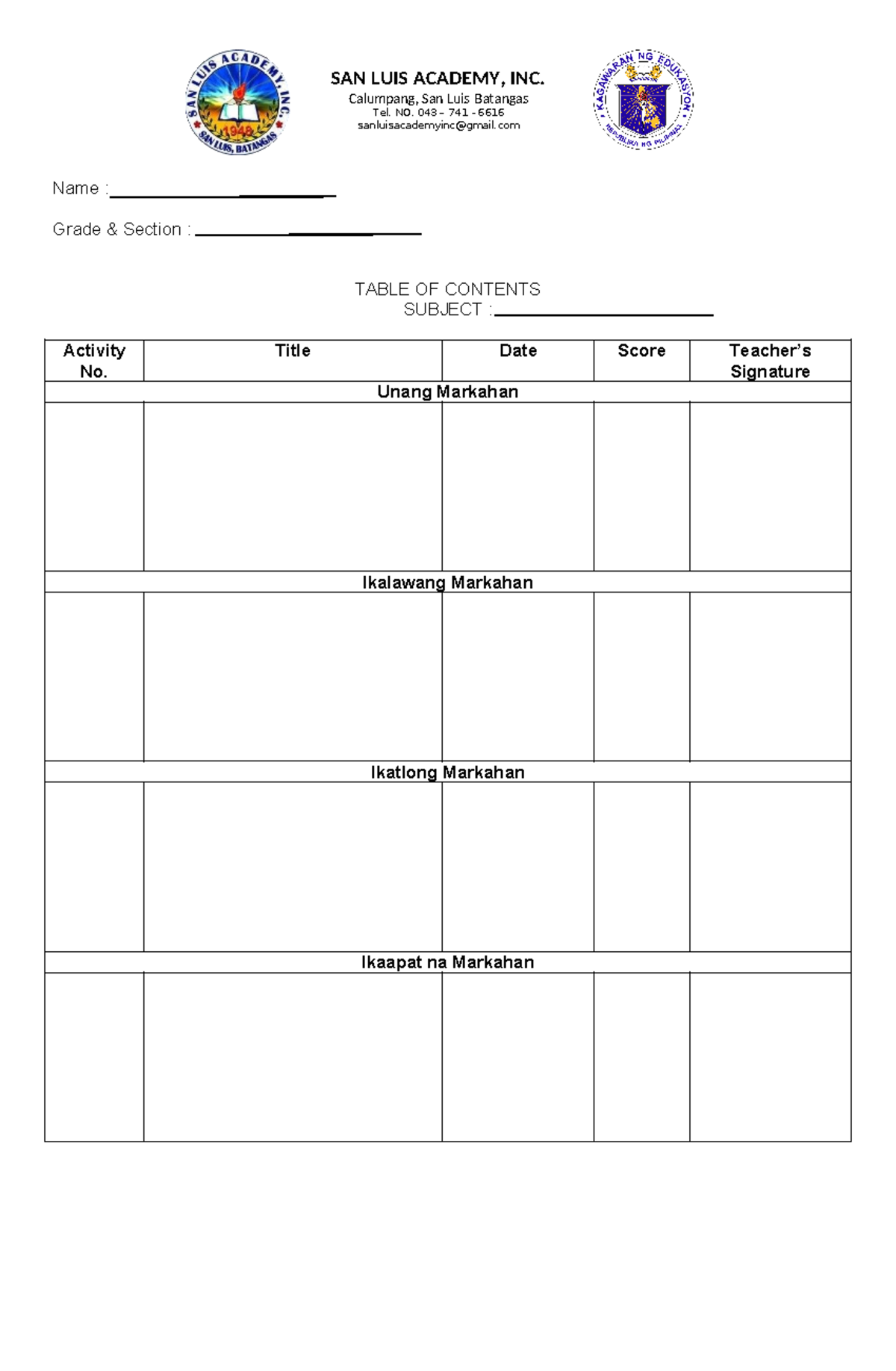 Table of contents Template - Teaching Multigrade - Name : Grade ...